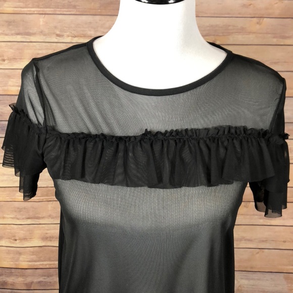 Tops | Sheer Ruffled Black Top | Poshmark